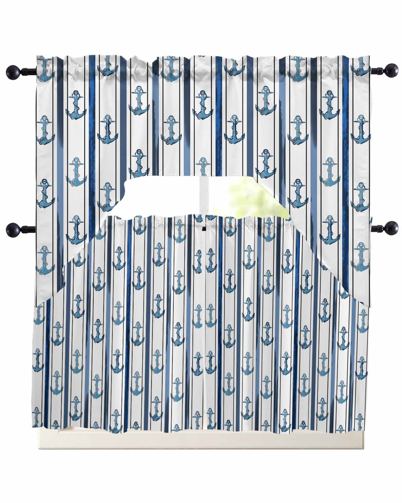 Summer Ocean Swag Valance and Tier Curtains Set Blue Anchor White ...