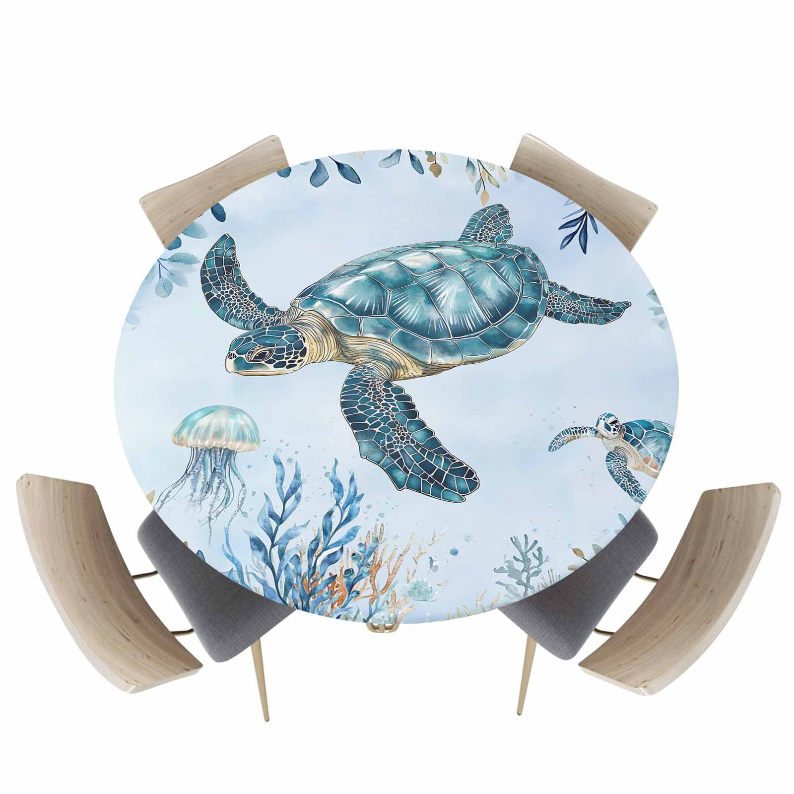 Summer Ocean Turtle Jellyfish Fitted Round Tablecloths Elastic Edged ...