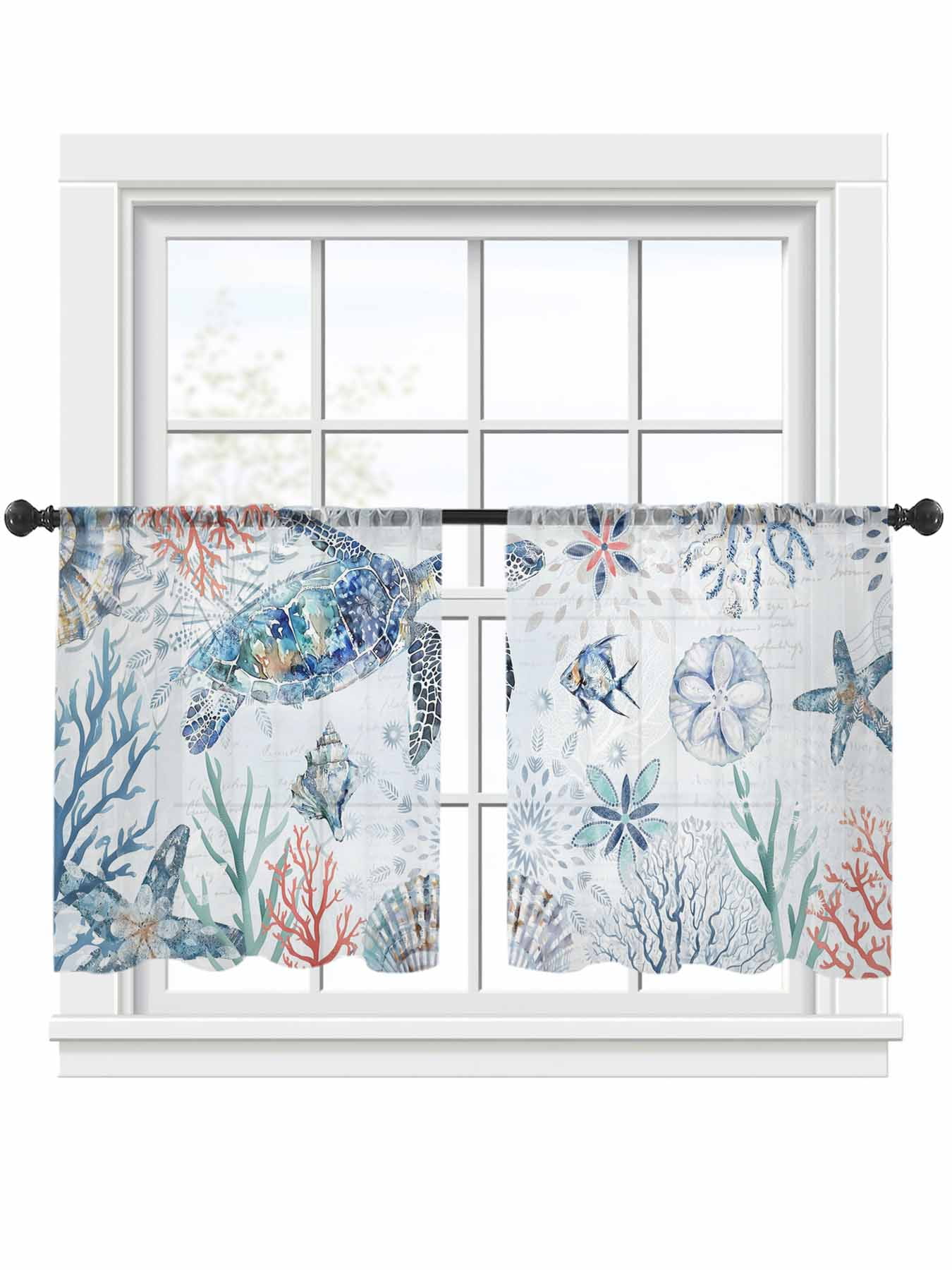 Summer Ocean Turtle Sheer Curtains 54 Inch Long 2 Panels, Retro Shell ...