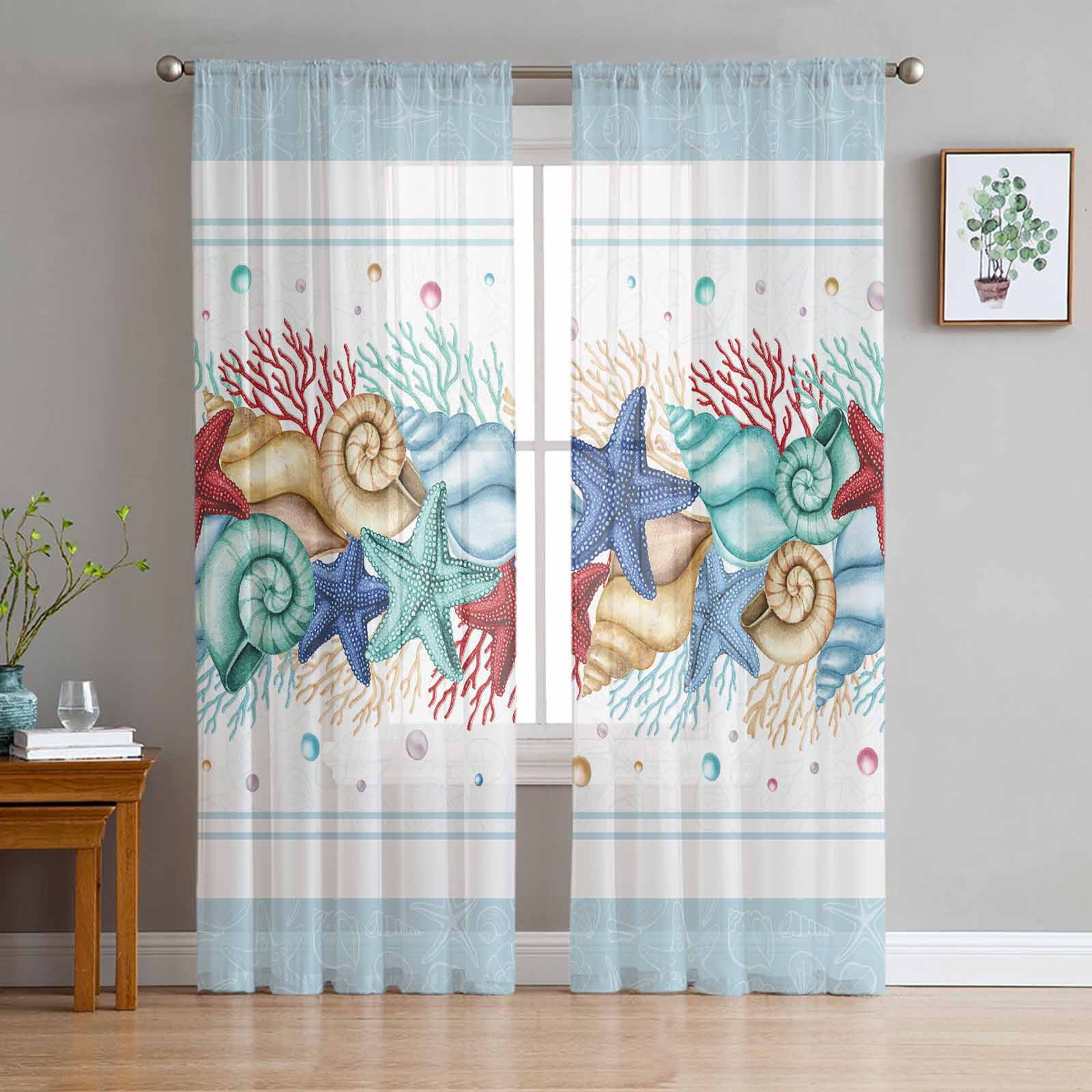 Summer Ocean Watercolor Star Shell Coral Sky Blue Tulle Sheer Window ...