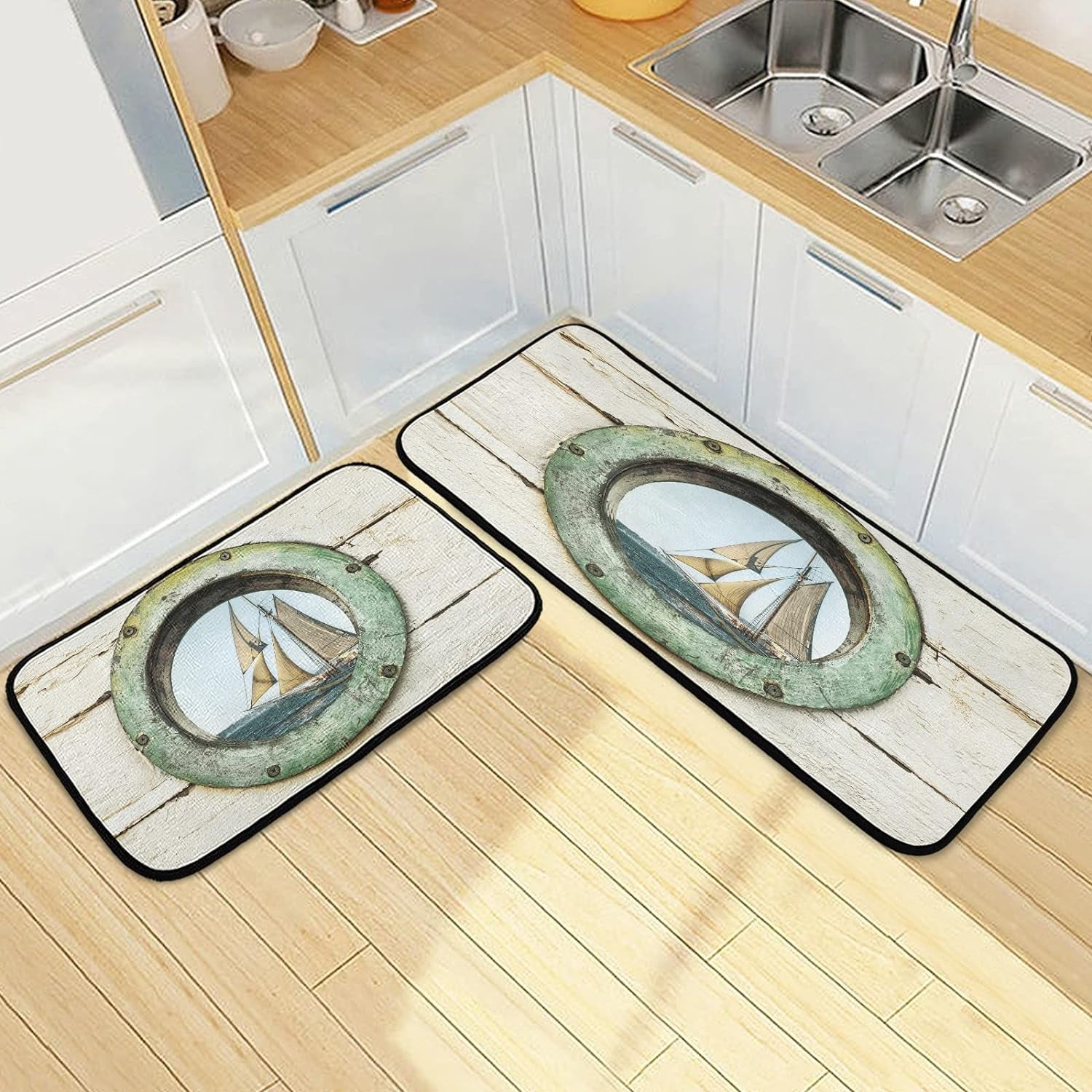Summer Old Sailing Ship Kitchen Mats and Rugs Vintage Porthole Window ...