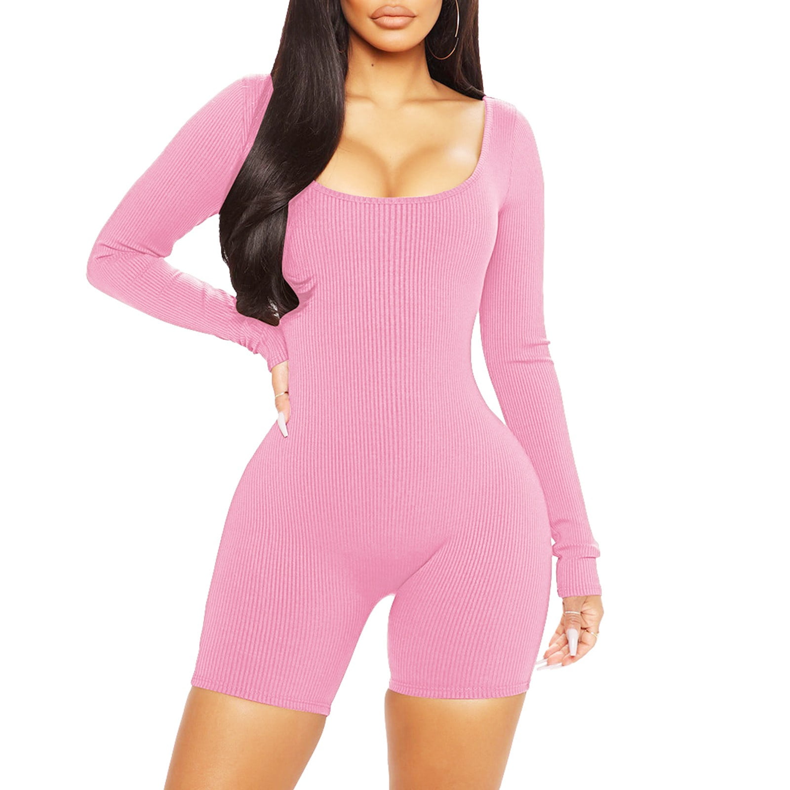 Summer One Piece Sexy Square Neckline Long Sleeve Jumpsuits Womens