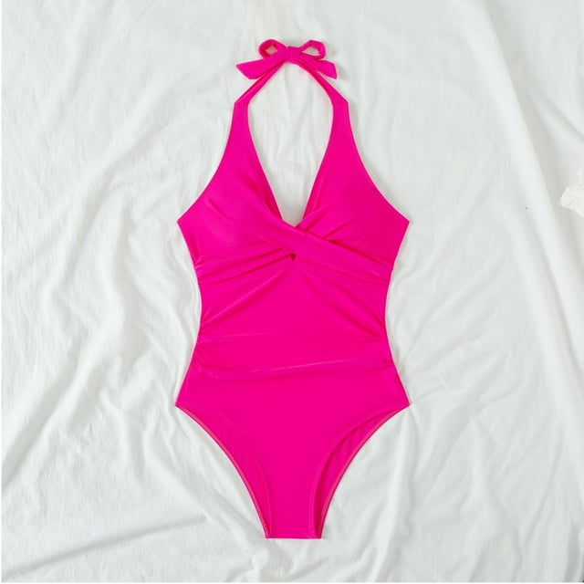 Summer One Piece Swimsuit Women Solid Color Halter Lace Up Sexy Deep V
