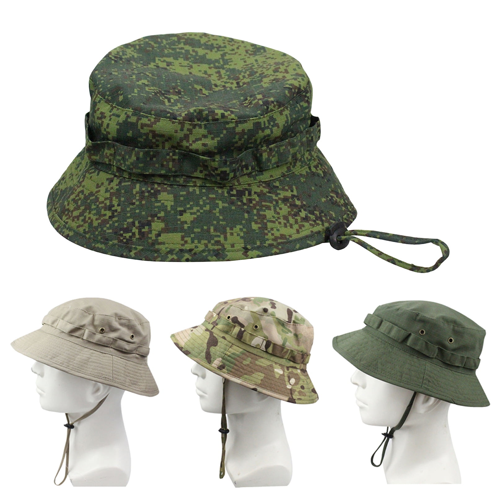 Summer Outdoor Hat Camouflage Print Windproof Fixed Strap Round Brim Anti-UV Sunshade ...
