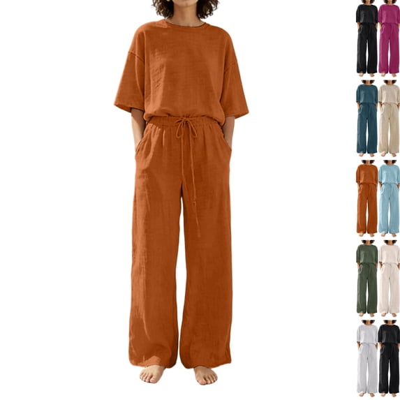 Summer Outfits for Women 2 Piece Cotton Linen Set Boyfriend Oversized T ...