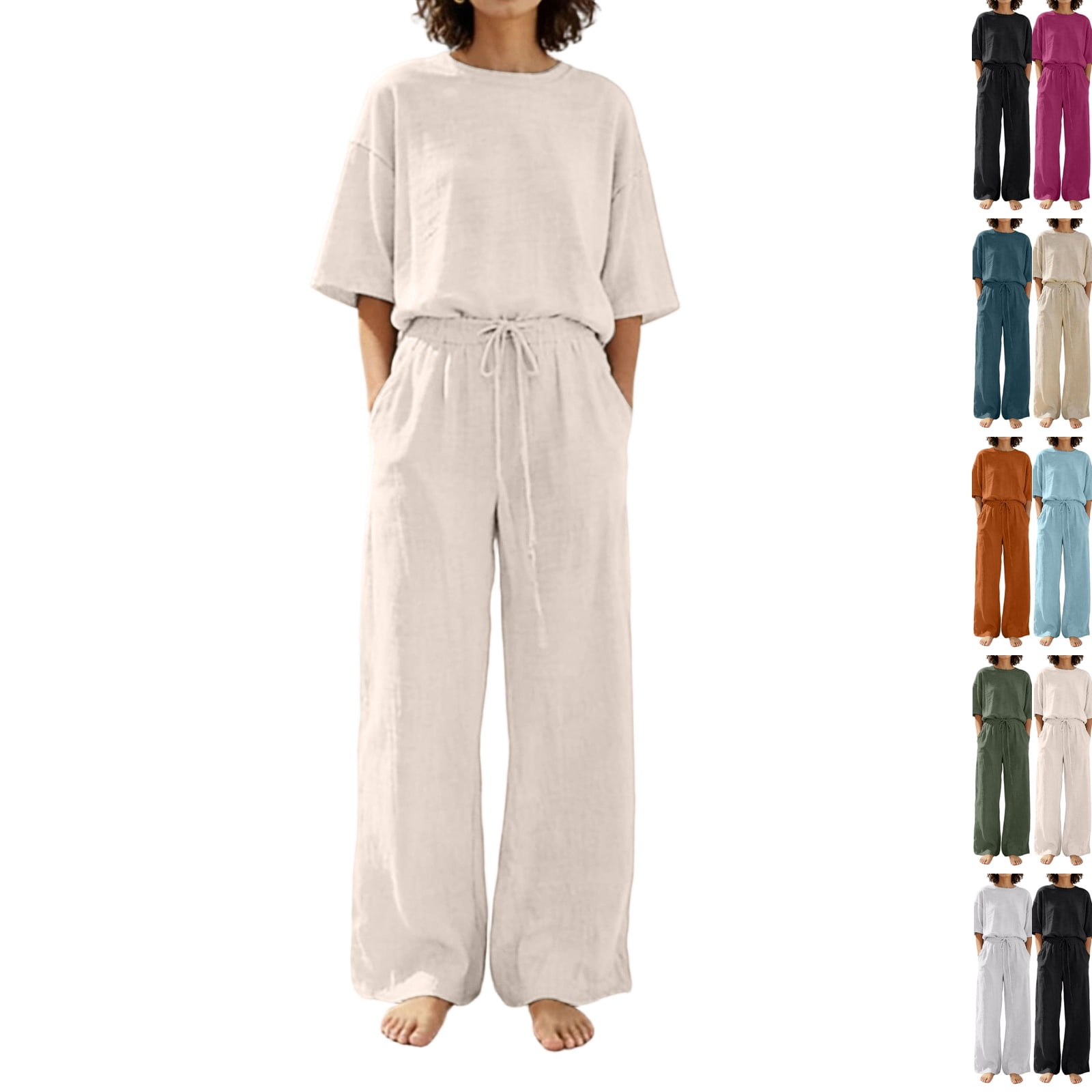 Summer Outfits for Women 2 Piece Cotton Linen Set Boyfriend Oversized T ...