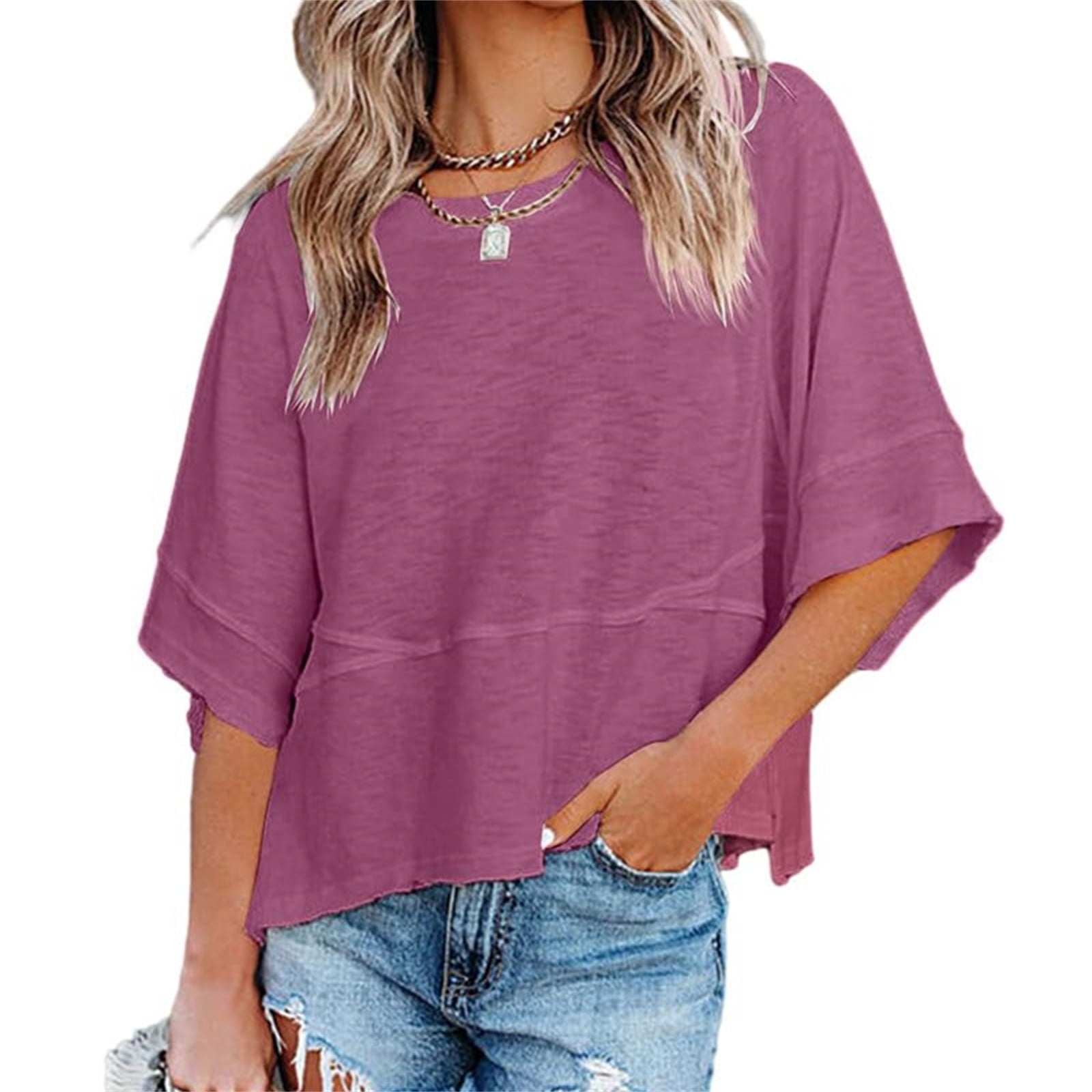 Summer Oversize Women Solid Color Half Sleeve Loose Shirt Tee Casual ...