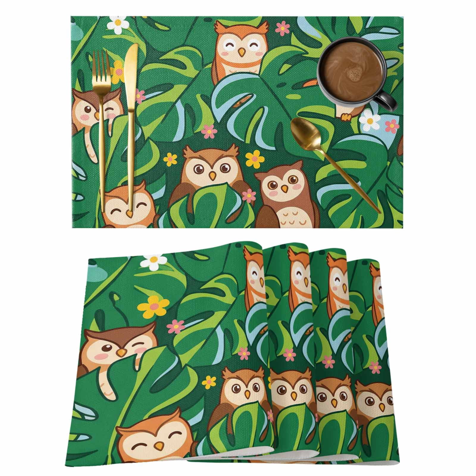 Summer Owls Placemats Set of 8 Green Palm Leaves Tropical Plants Place ...