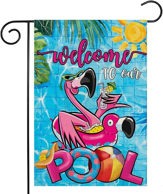 Summer POOL Garden Flags for Outdoor, Flamingo Welcome to Our POOL ...