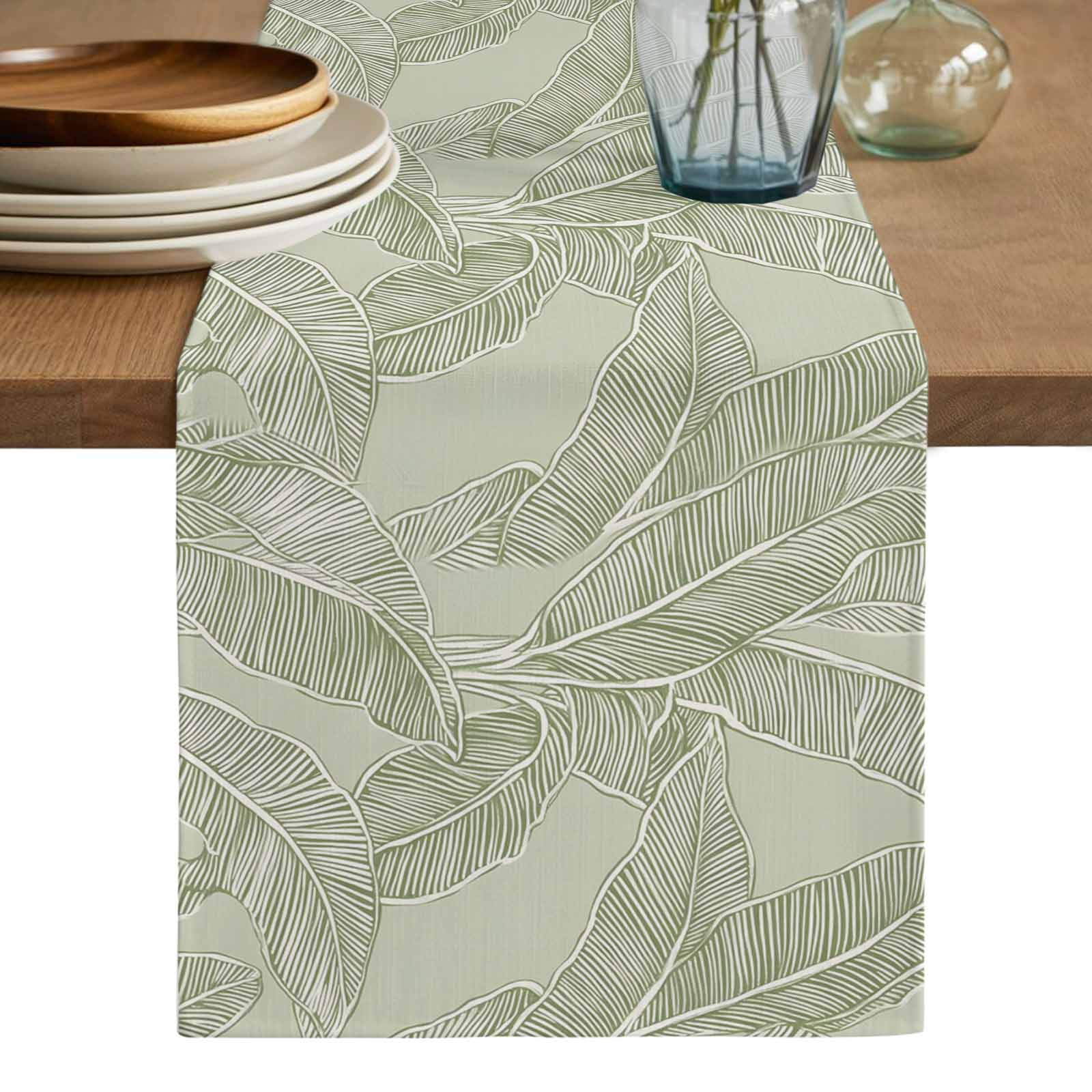 Summer Palm Leaf Table Runner, Green Tropical Bloom Silhouettes ...
