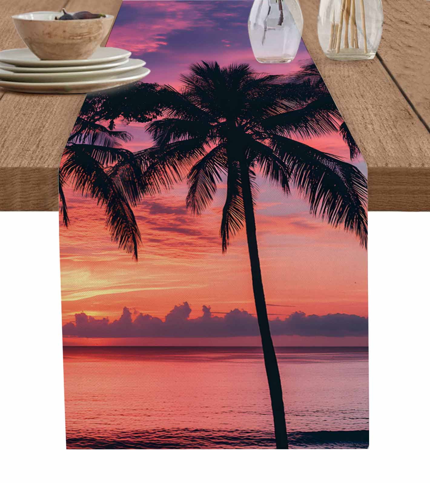 Summer Palm Tree Table Runner 90 Inches, Sunset Ocean Botanical Leaf ...