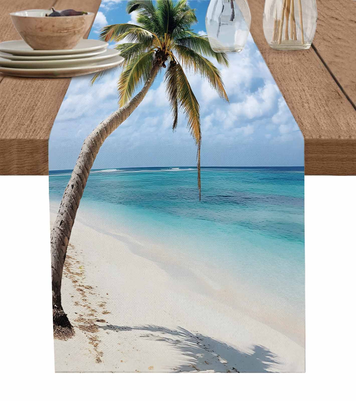 Summer Palm Tree Table Runner Sandy Beach Ocean Sky Cloud Plants ...