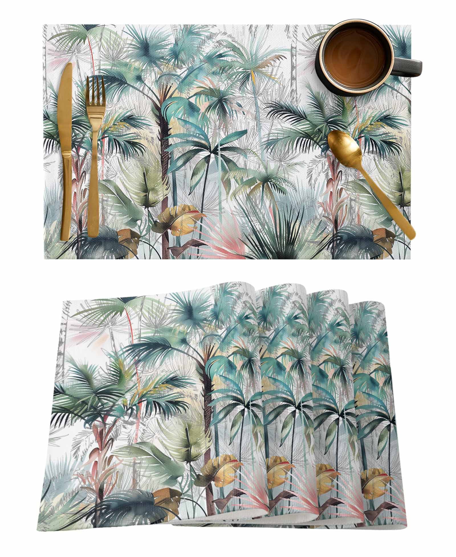 Summer Palm Trees Placemats Set of 6, Botanical Tropical Leaves ...