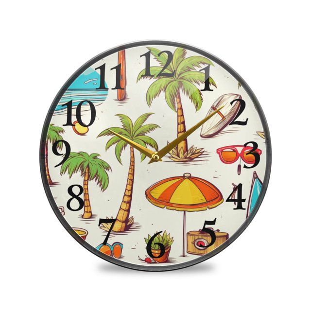 Summer Palm Trees Wall Clocks Battery Operated 11.9 Inch Round Clock ...