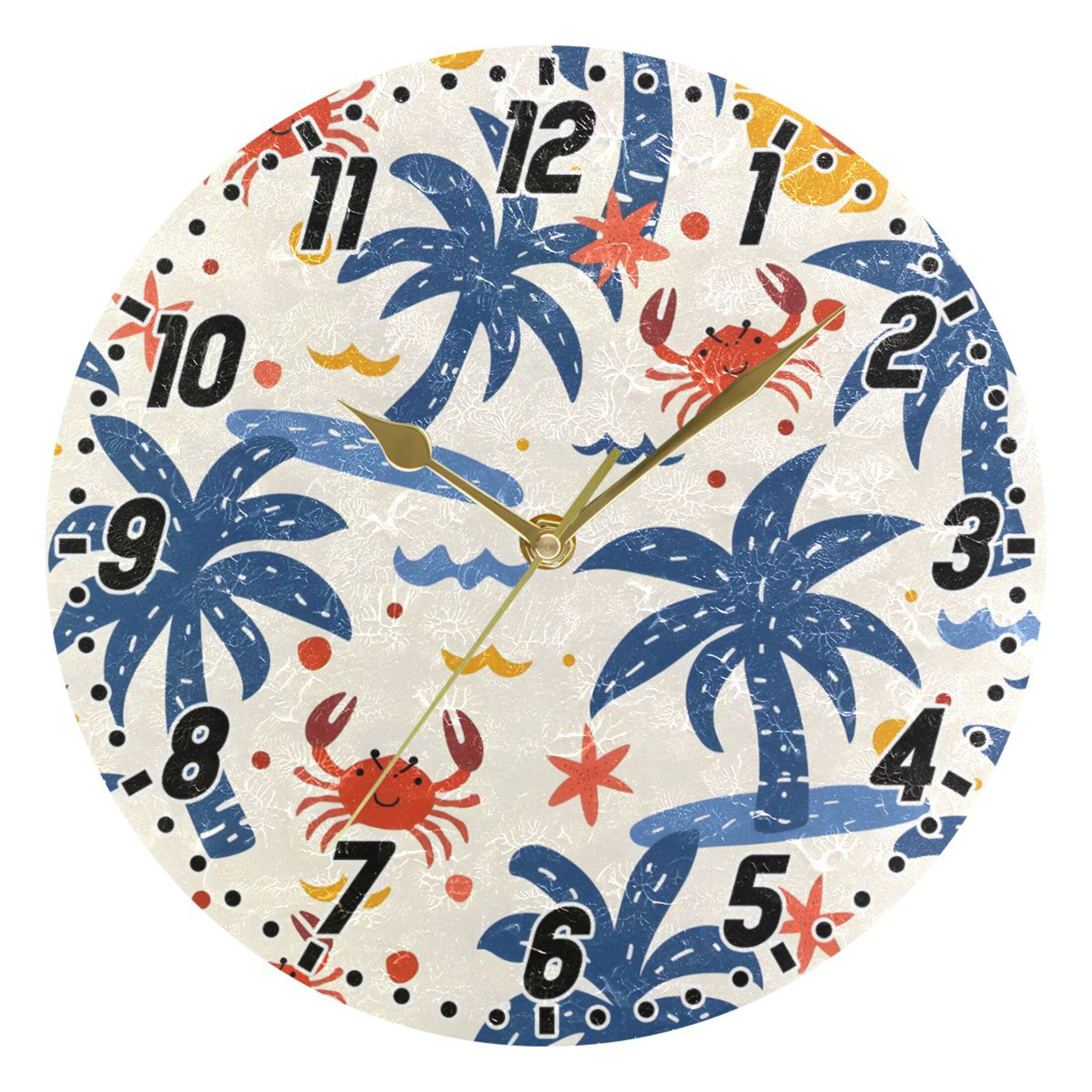 Summer Palm Trees and Crabs Round Wall Clock Battery Operated Silent ...
