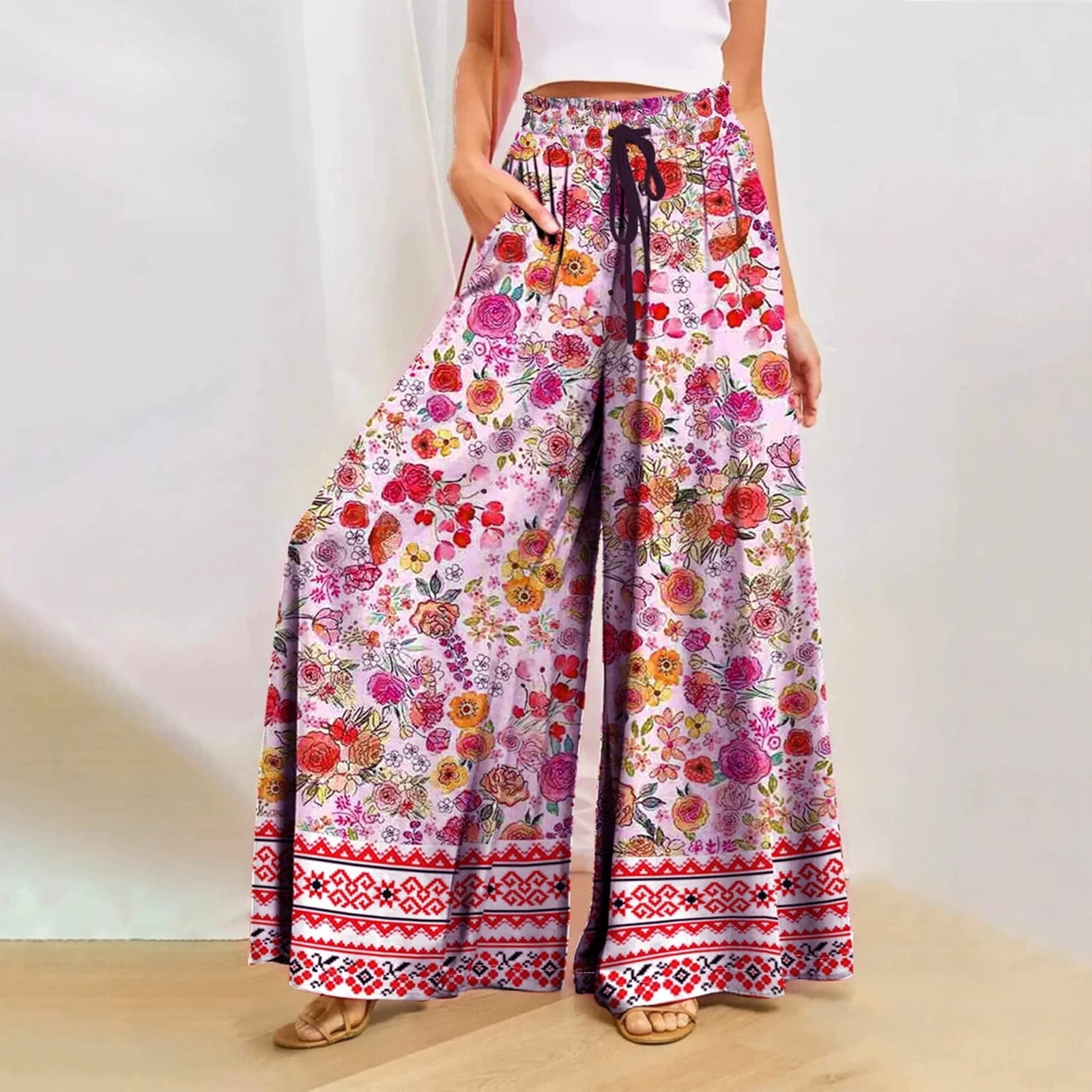 Summer Pants For Women Trendy Ruffles Floral Print Holiday Loose Fit ...