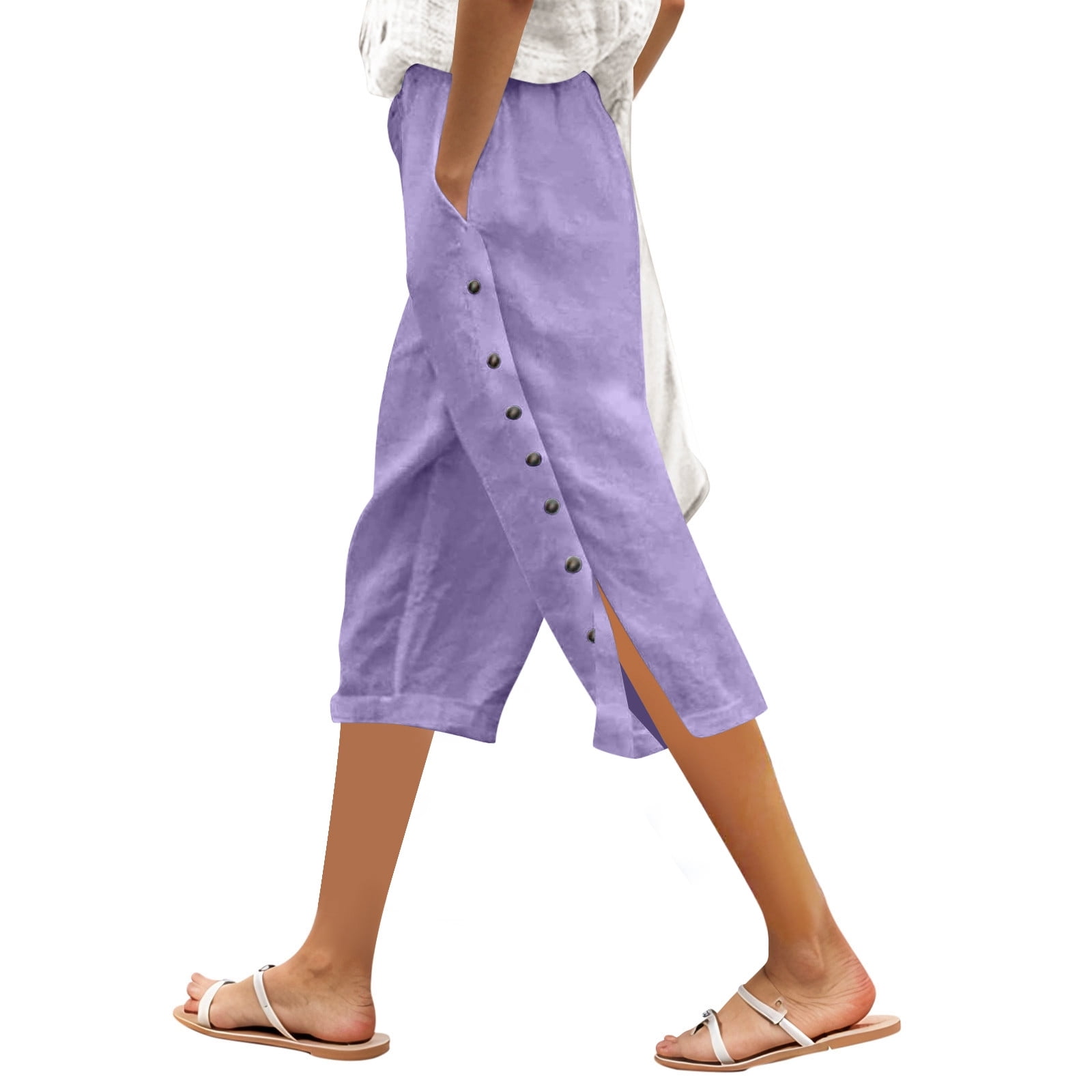 Summer Pants for Women’ s Solid Color Elastic Waist Loose Fit Side ...