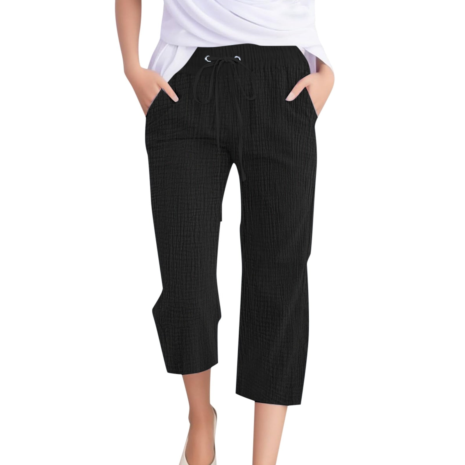 Summer Pants for Women Casual Trousers Loose Fit Solid Color Drawstring ...