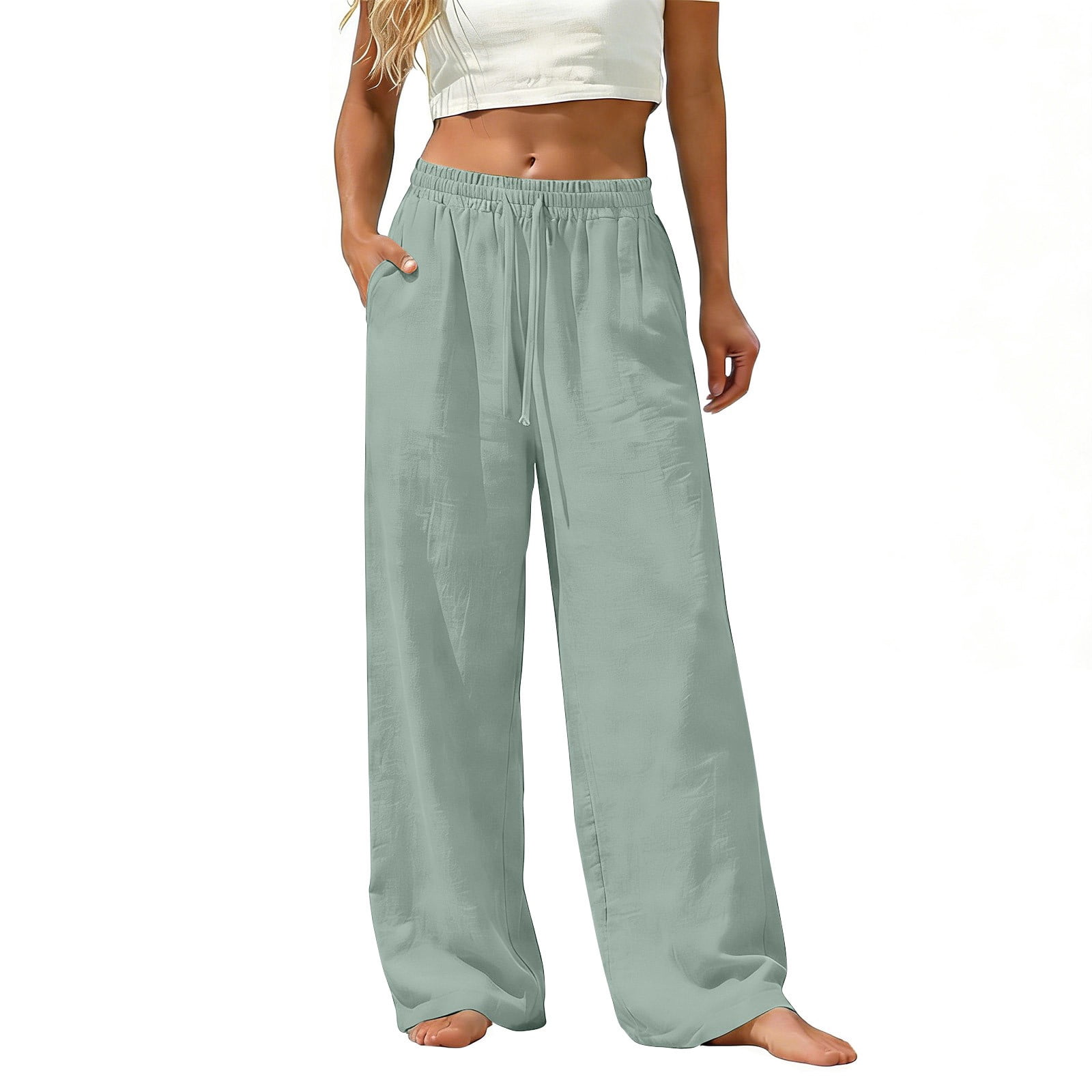 Summer Pants for Women Linen Lightweight Plain Wide Leg Elegant Cotton ...