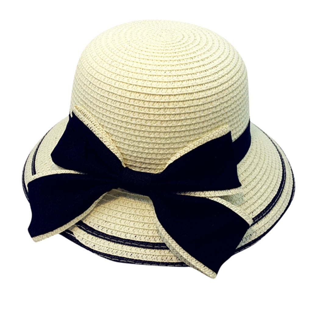 Summer Parent-child Women Baby Kids Girl Beach Bow Straw Flat Brim Sun ...