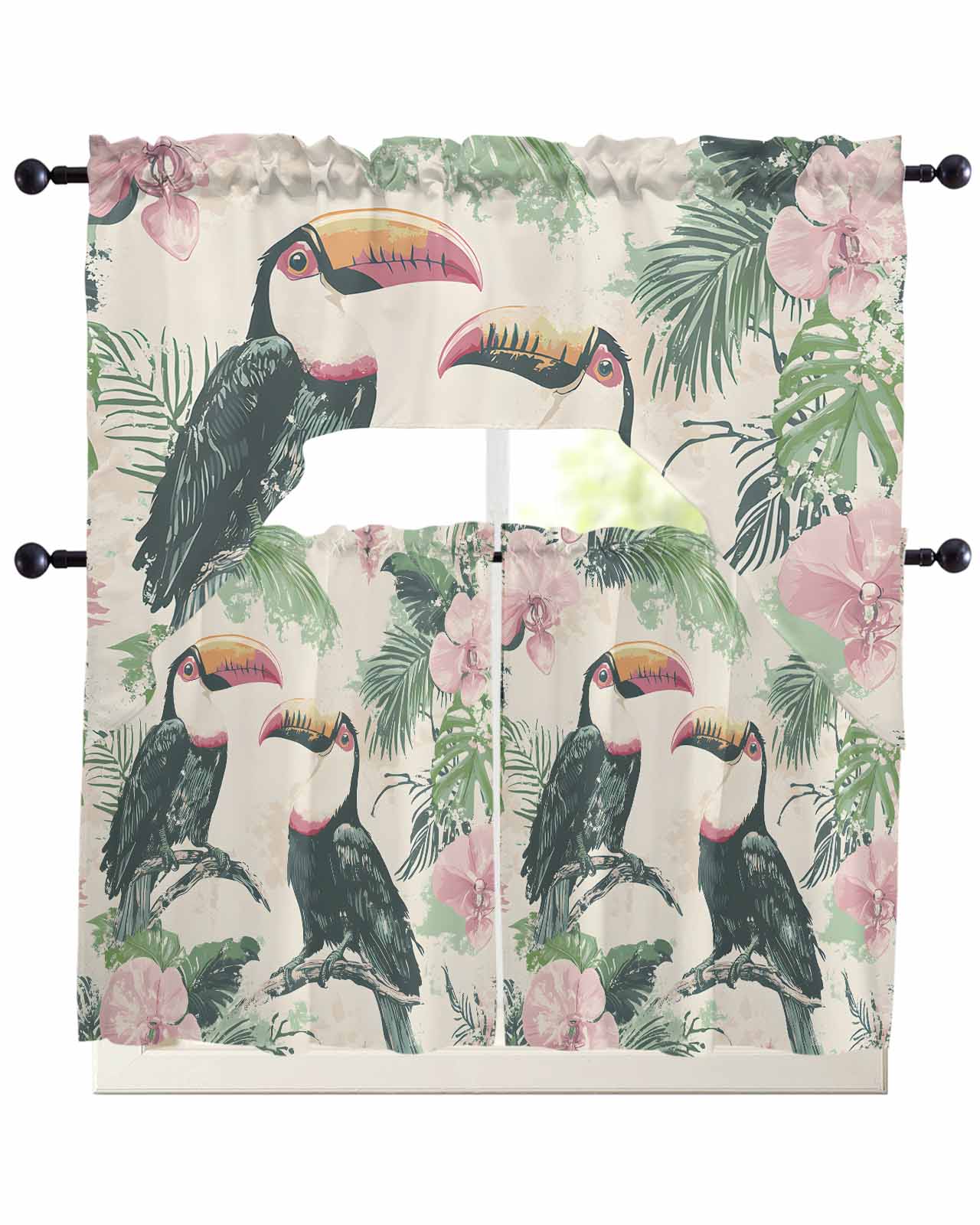 Summer Parrot Kitchen Curtains Sets 24 Inch Length with Valance, Retro ...