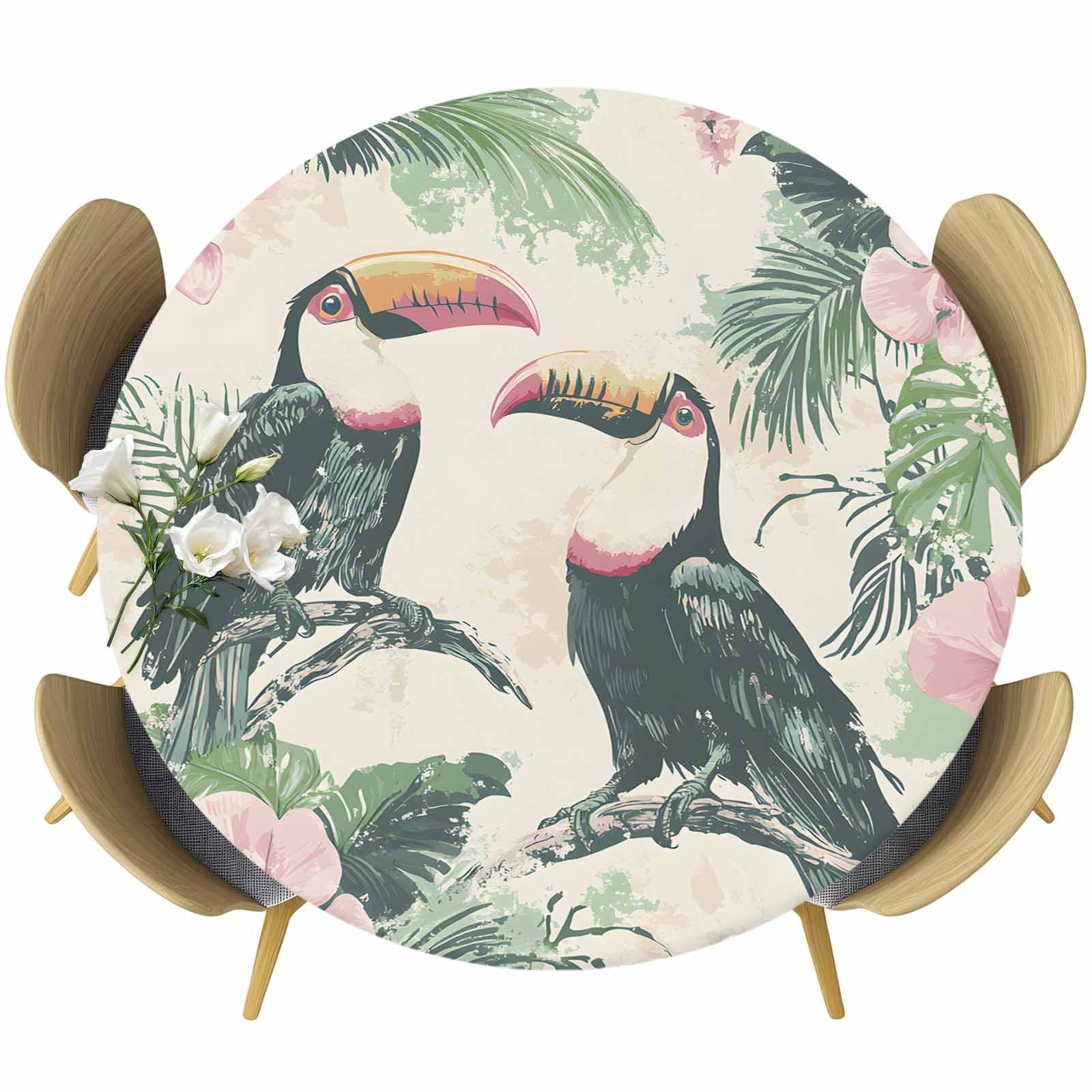 Summer Parrot Round Tablecloth 55-60 Inch Round Fitted Table Cloth with ...