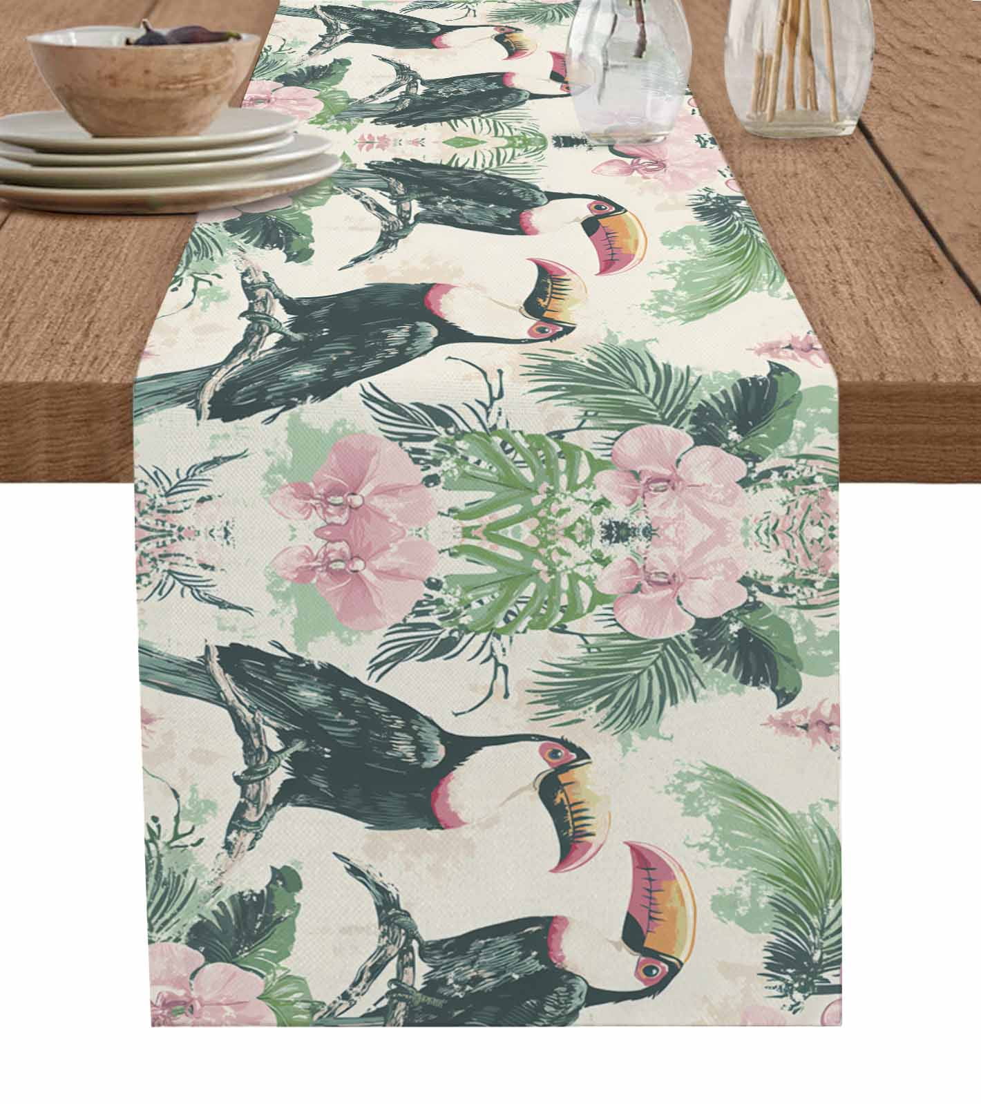 Summer Parrot Table Runner 72 Inches, Retro Watercolor Flower Plam ...