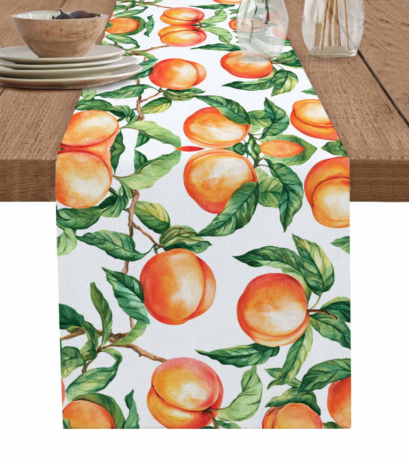 Summer Peach Table Runner 72 Inches, Pink Orange Fruits Botanical Green ...