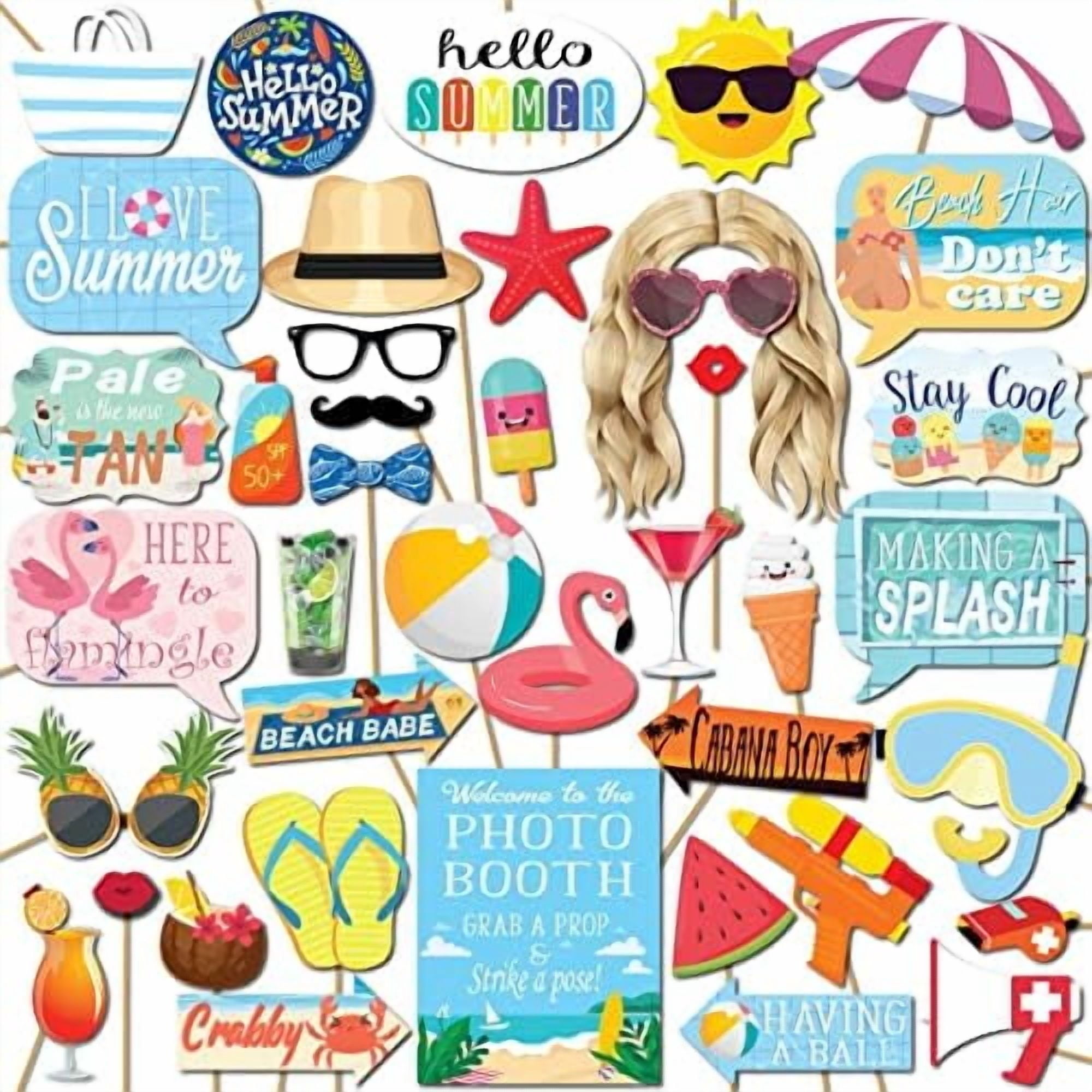 Summer Photo Booth Props - 41 Pieces with Signs, Adhesive Pads, Sticks ...