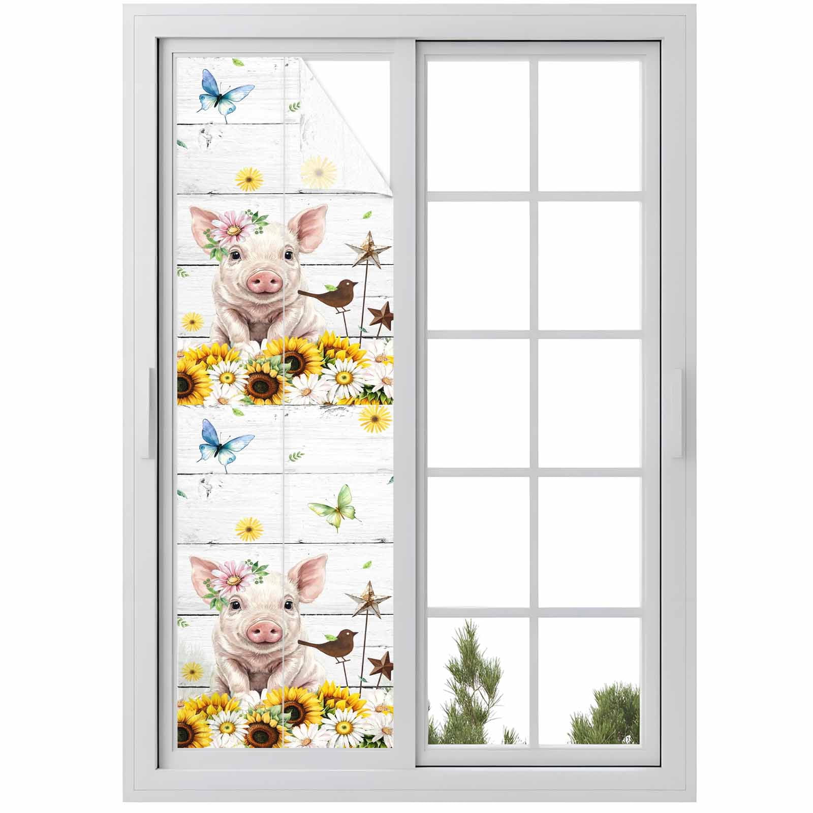 Summer Pig Window Privacy Film, Yellow Sunflower Daisy White Wood Grain ...