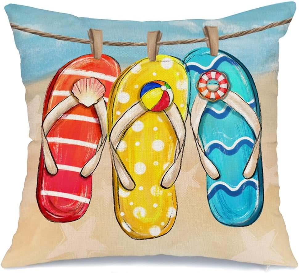 Summer Pillow Cover 12x20 Inch Flip Flops Decor Tropical Beach Satrfish ...