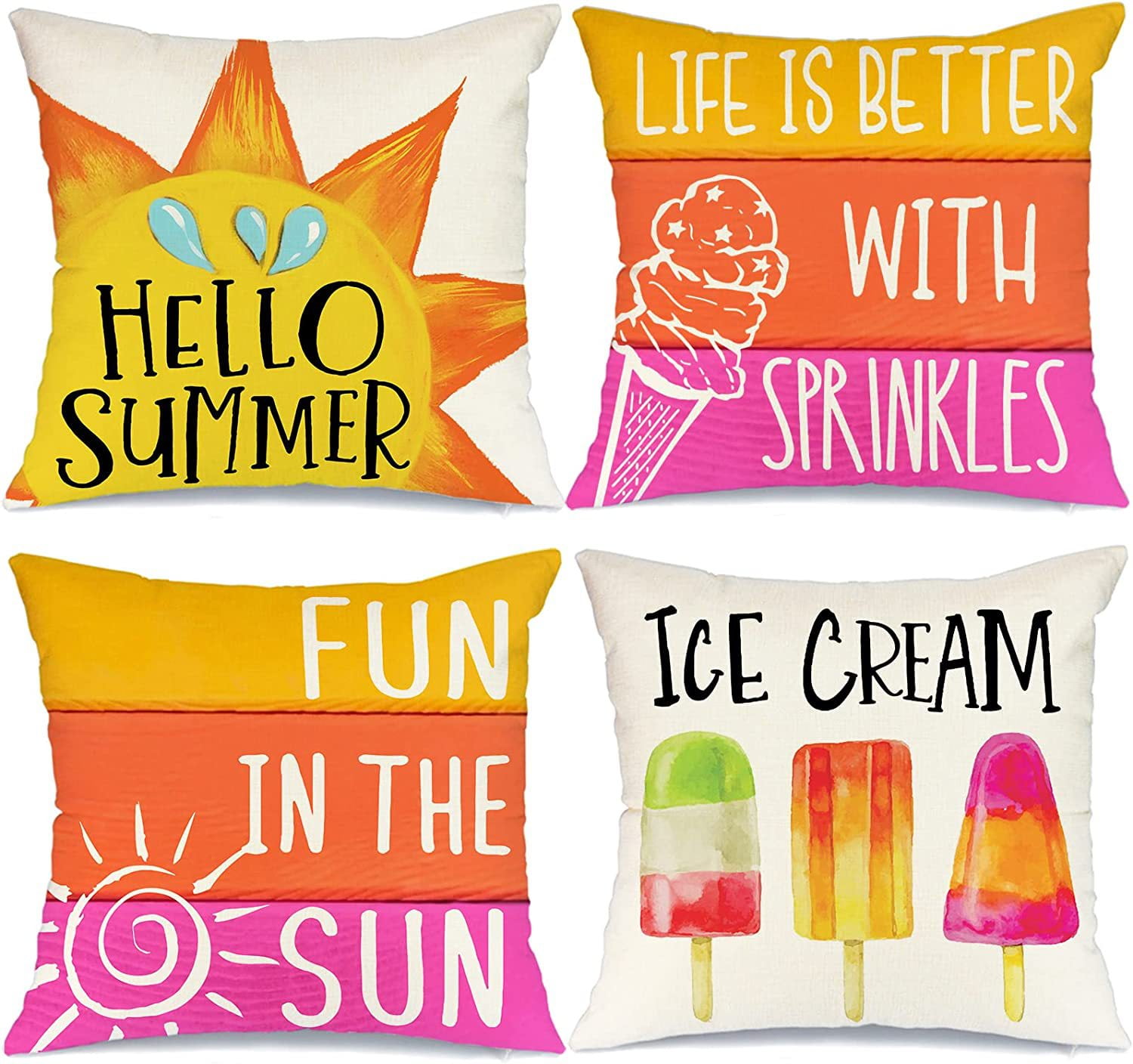 Summer Pillow Covers 18x18 Inch Set of 4 Popsicle Ice Cream Pillows ...
