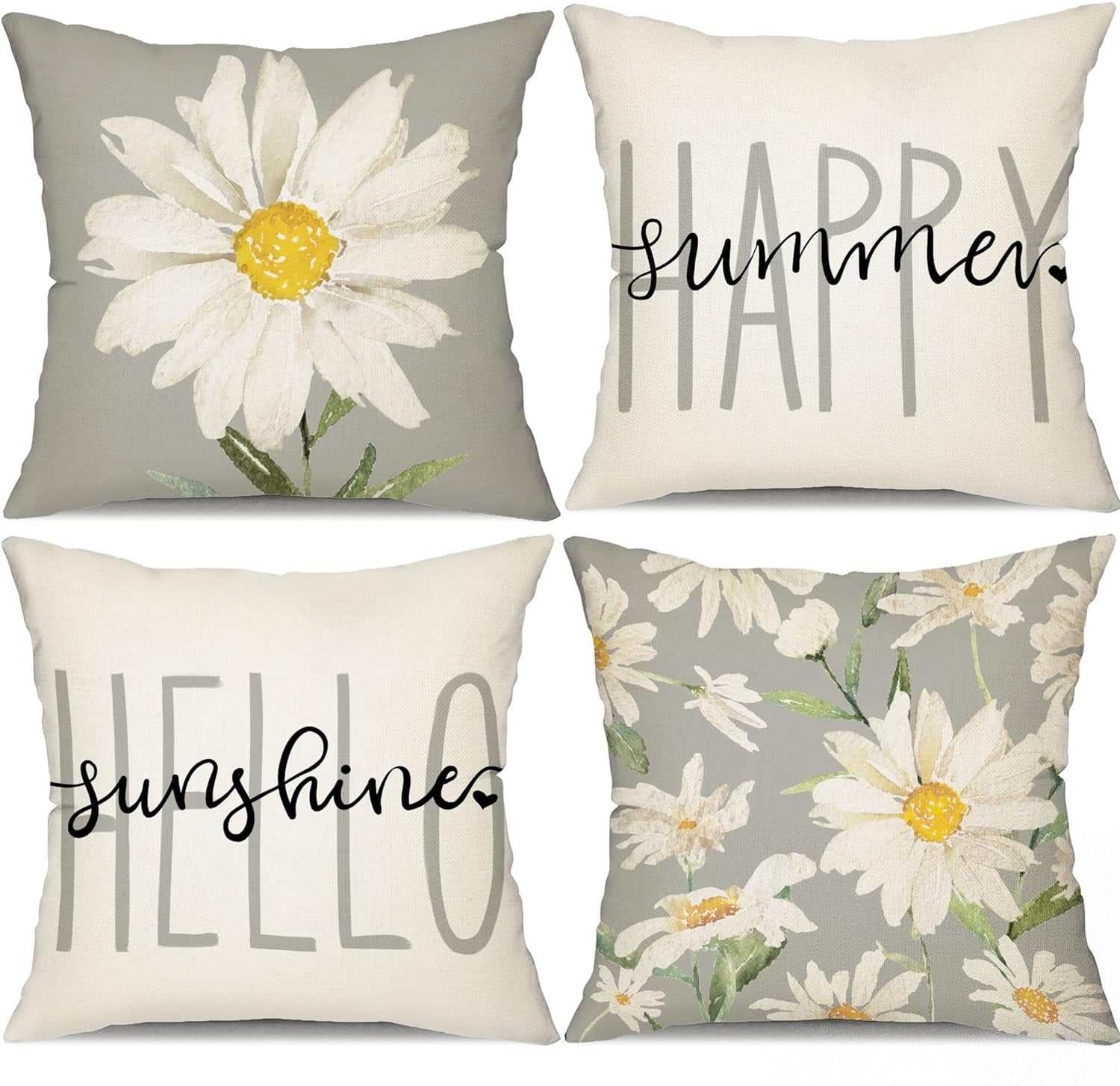 Summer Pillow Covers 20x20 Set of 4 Watercolor Daisy Summer DécorWhite ...
