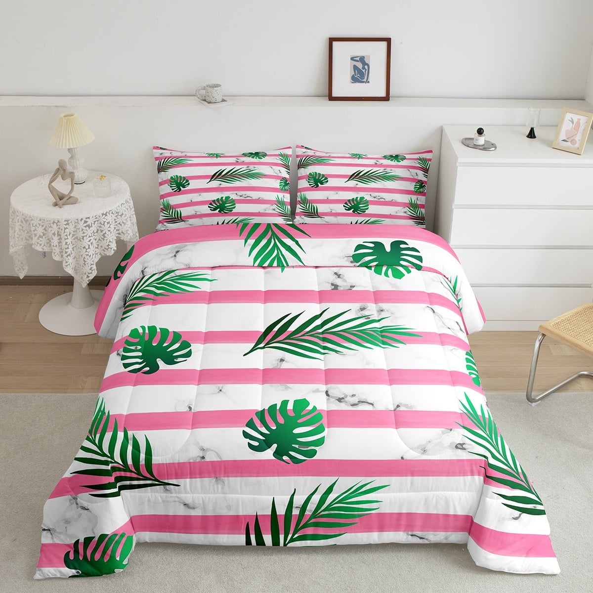 Summer Pink Bedding Comforter Sets Queen, Tropical Palm Leaves Bedding Jungle forest Horizontal ...