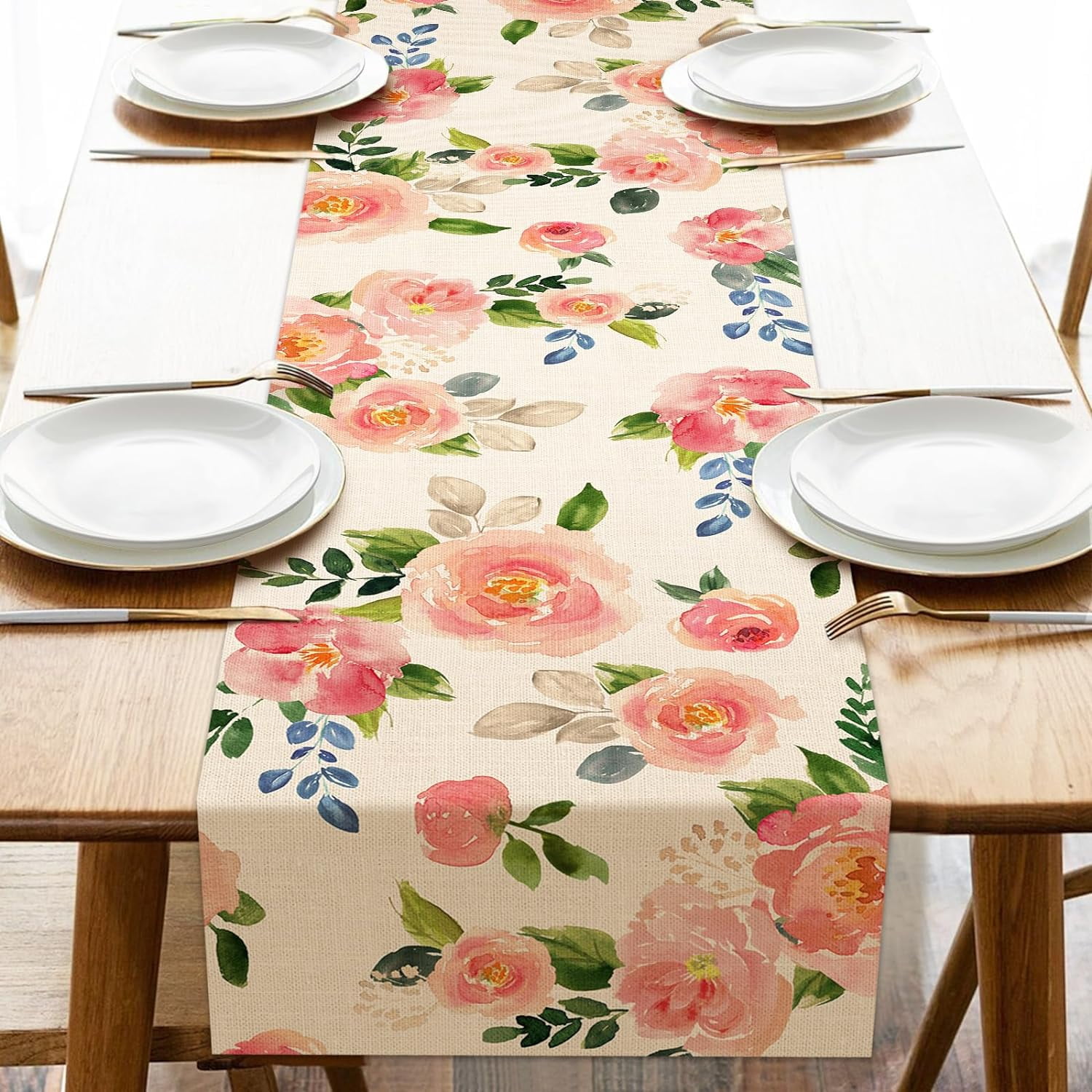 Summer Pink Rose Peony Flower Linen Table Runners Seasonal Floral Home ...