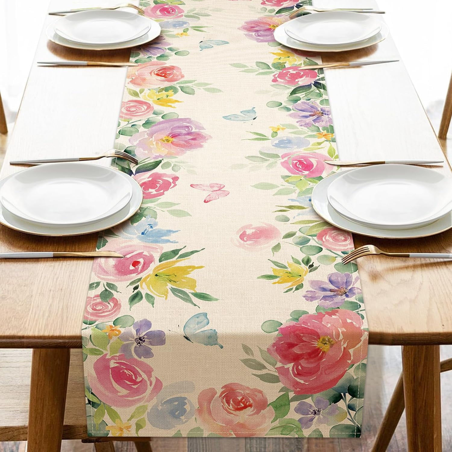 Summer Pink Rose Peony Flower Linen Table Runners Seasonal Floral Home ...