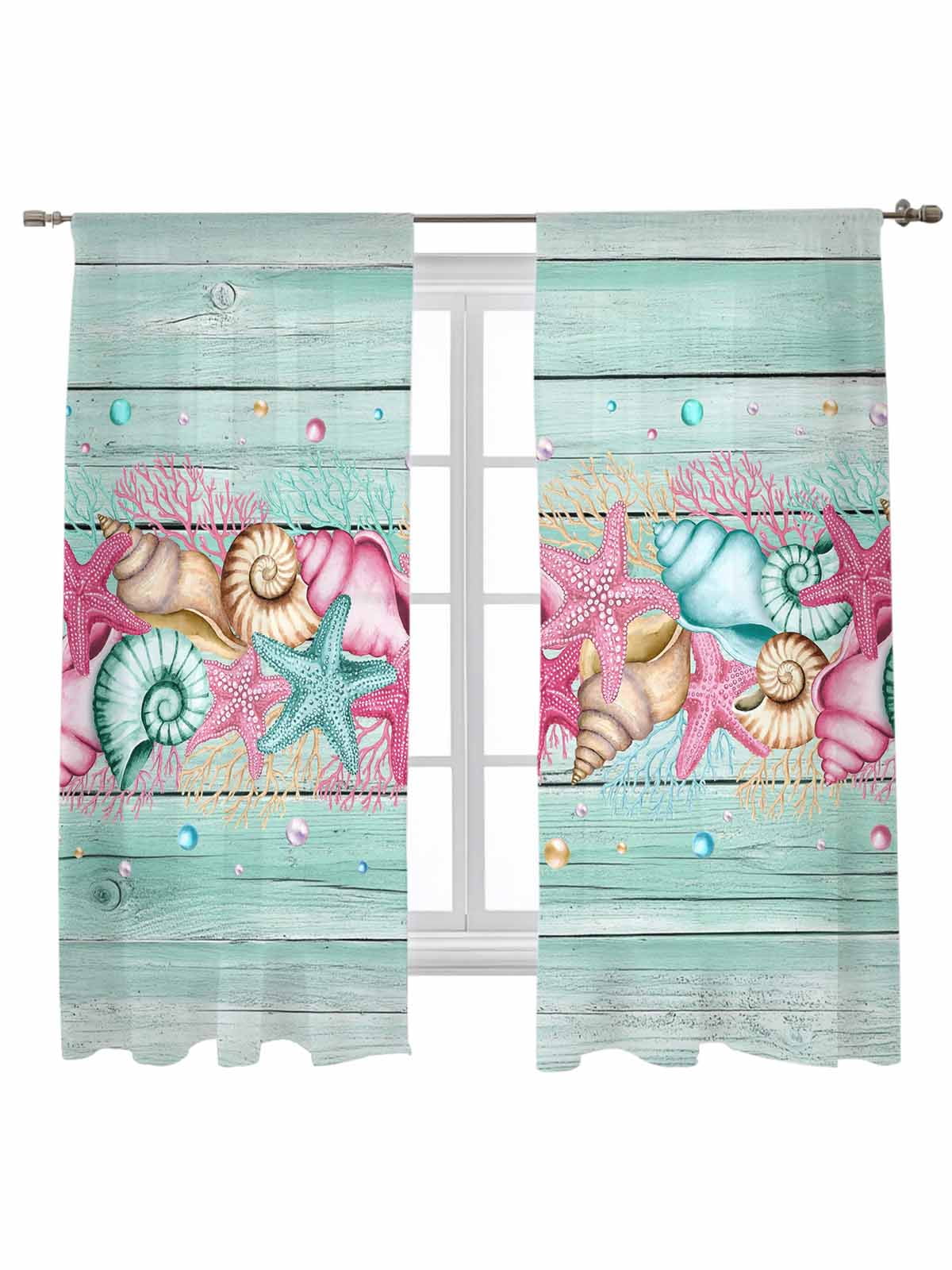 Summer Pink Sheer Curtains 2 Panels Set Starfish Shell Coral Beach ...