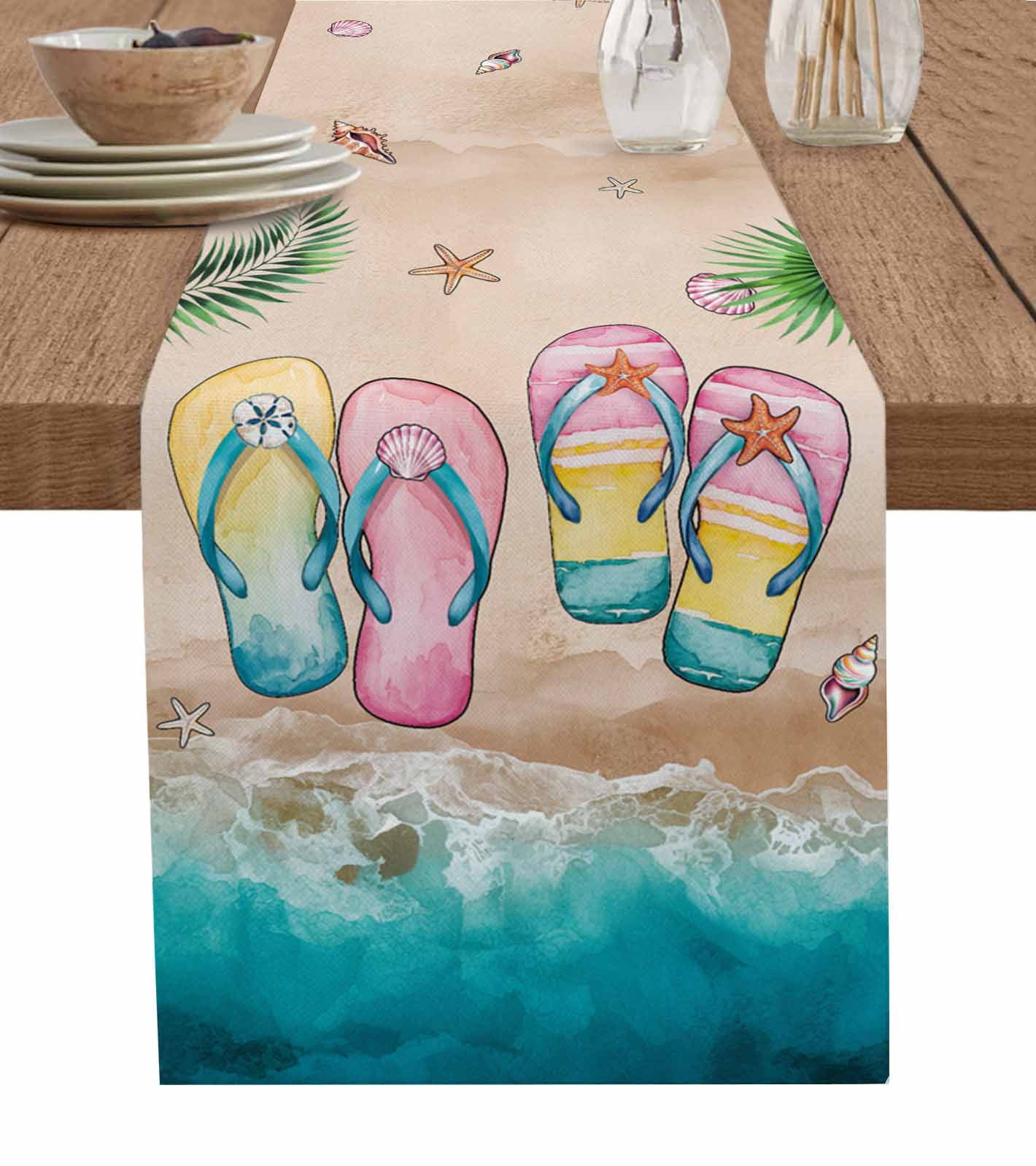 Summer Pink Slippers Table Runner 72 Inches, Turquoise Beach Coastal ...