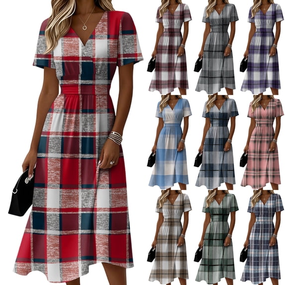 Summer Plaid Dresses for Women 2026 - Boho Madi Dress Short Sleeve V ...