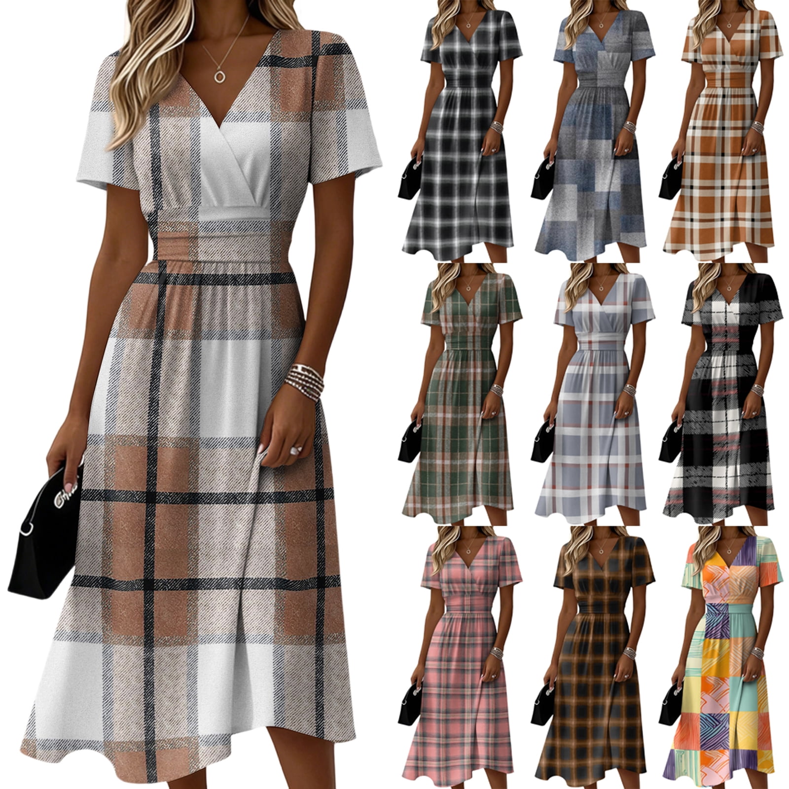 Summer Plaid Dresses for Women 2026 - Boho Madi Dress Short Sleeve V ...