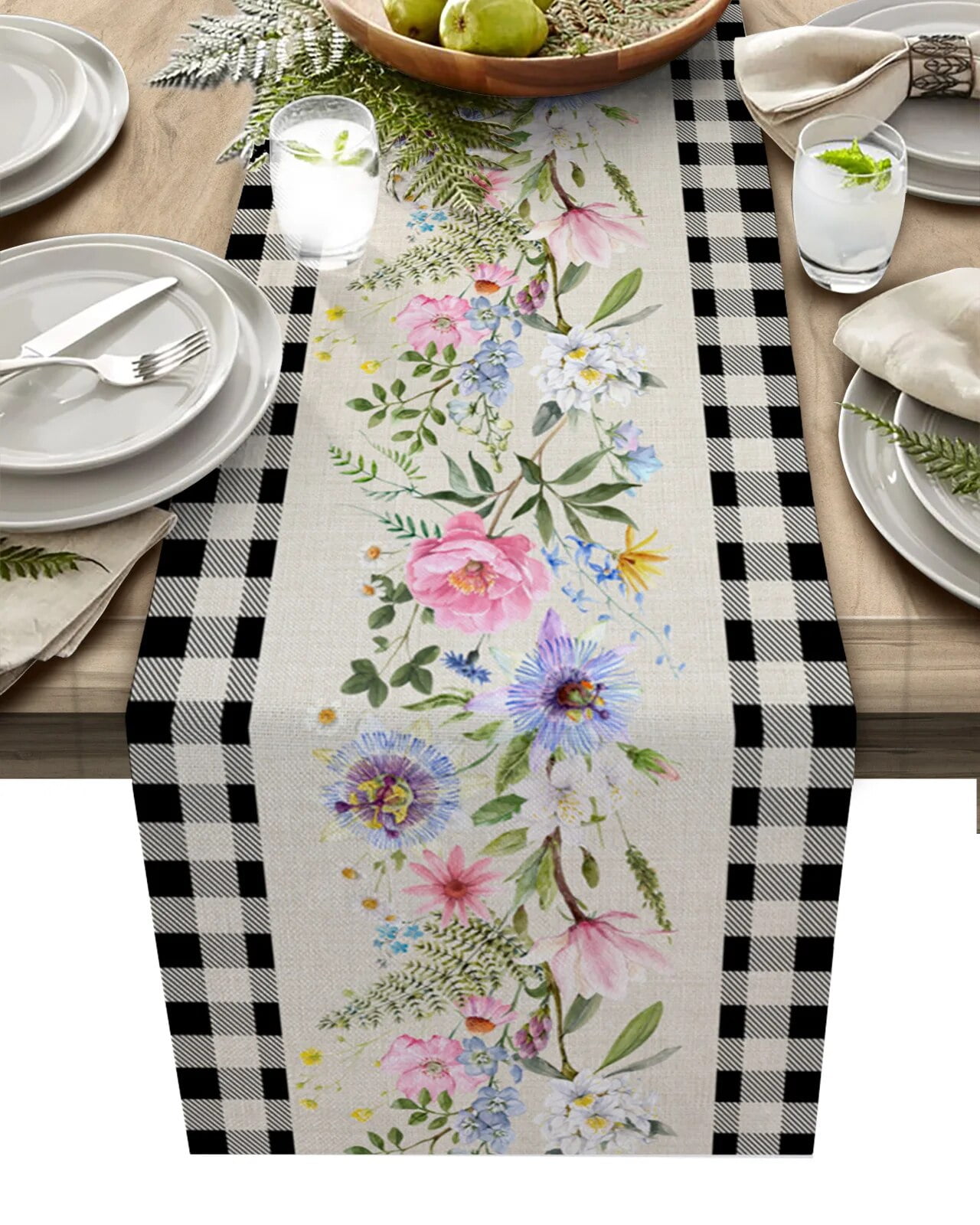 Summer Plaid Flowers Linen Table Runner Kitchen Table ration Farmhouse ...