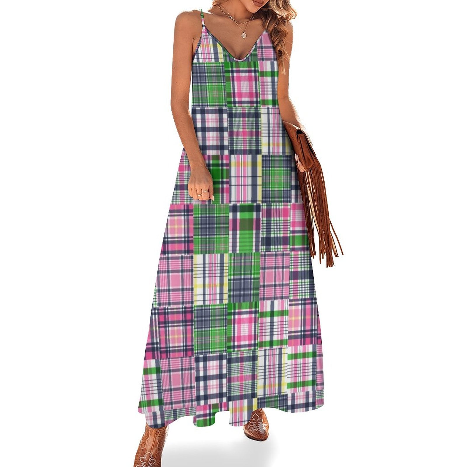 Summer Plaid Pink Madras Patchwork Sleeveless Dress prom dress elegant dresses for women ...