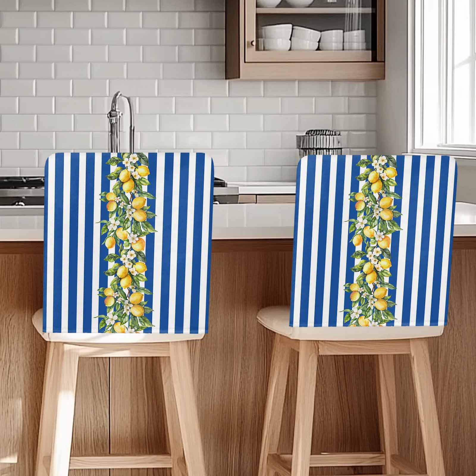 Summer Plant Chair Covers Set of 1 Retro Yellow Lemon Leaf Blue Stripe ...