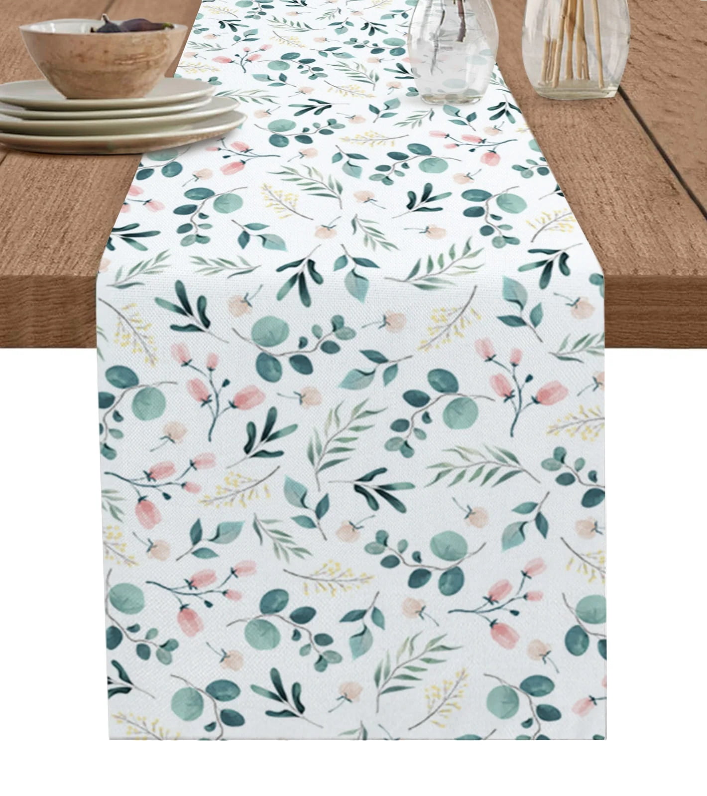Summer Plant Green Leaf Watercolor Table Runner For Kitchen Table Cover ...
