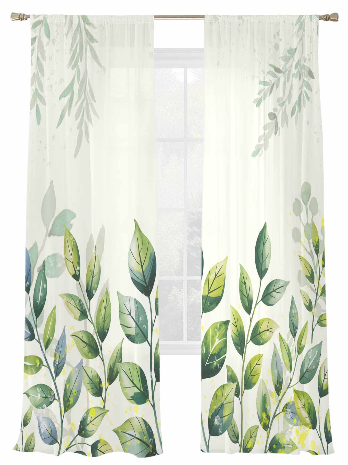 Summer Plant Leaf Sheer Curtains 108 Inch Long 2 Panels, Retro Country ...