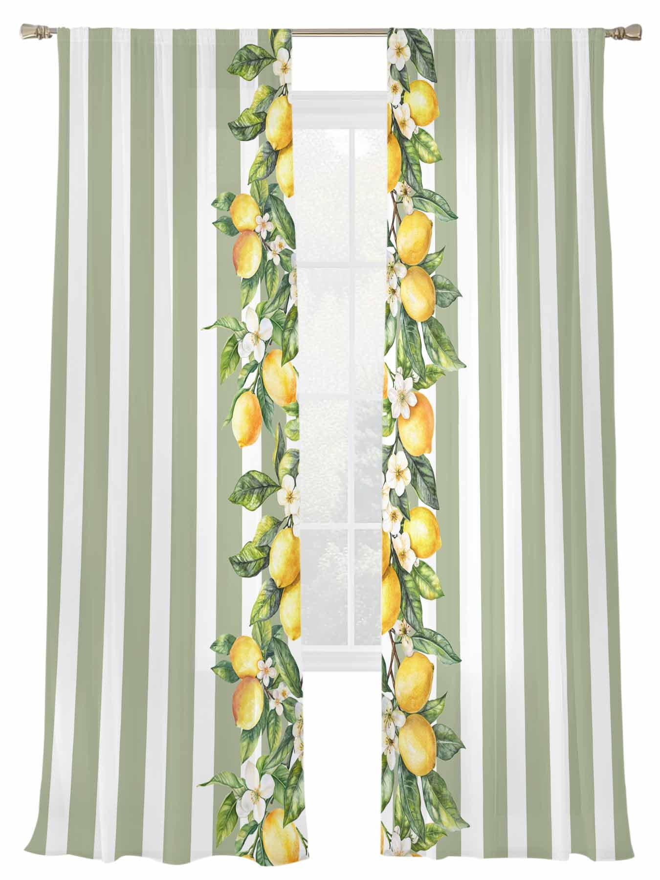 Summer Plant Sheer Curtains 96 Inch Long 2 Panels, Retro Yellow Lemon ...