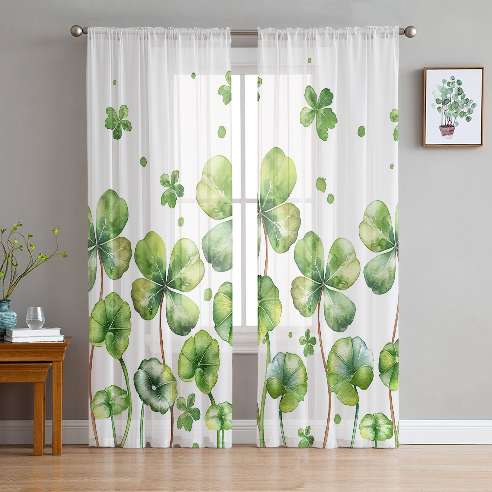 Summer Plants Four Leaf Grass Green Watercolor Bedroom Curtains Tulle ...
