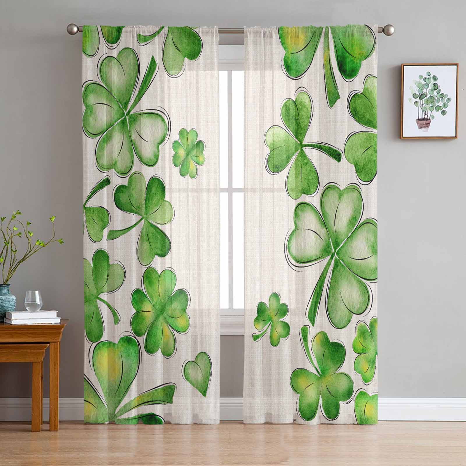 Summer Plants Four Leaf Grass Green Watercolor Sheer Curtains for ...