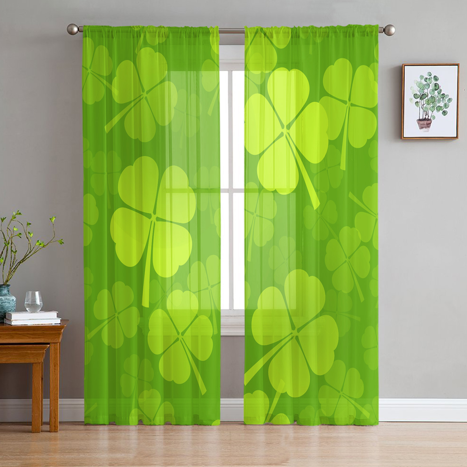 Summer Plants Four Leaf Grass Green Watercolor Sheer Curtains for ...