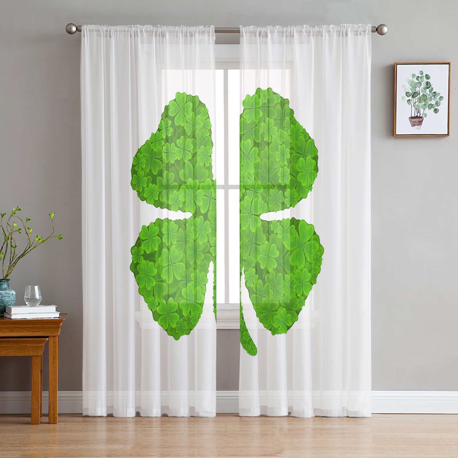Summer Plants Four Leaf Grass Green Watercolor Sheer Curtains for ...